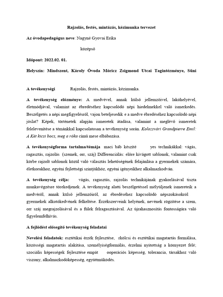 Rajzolás, Festés, Mintázás, Kézimunka Tervezet | PDF