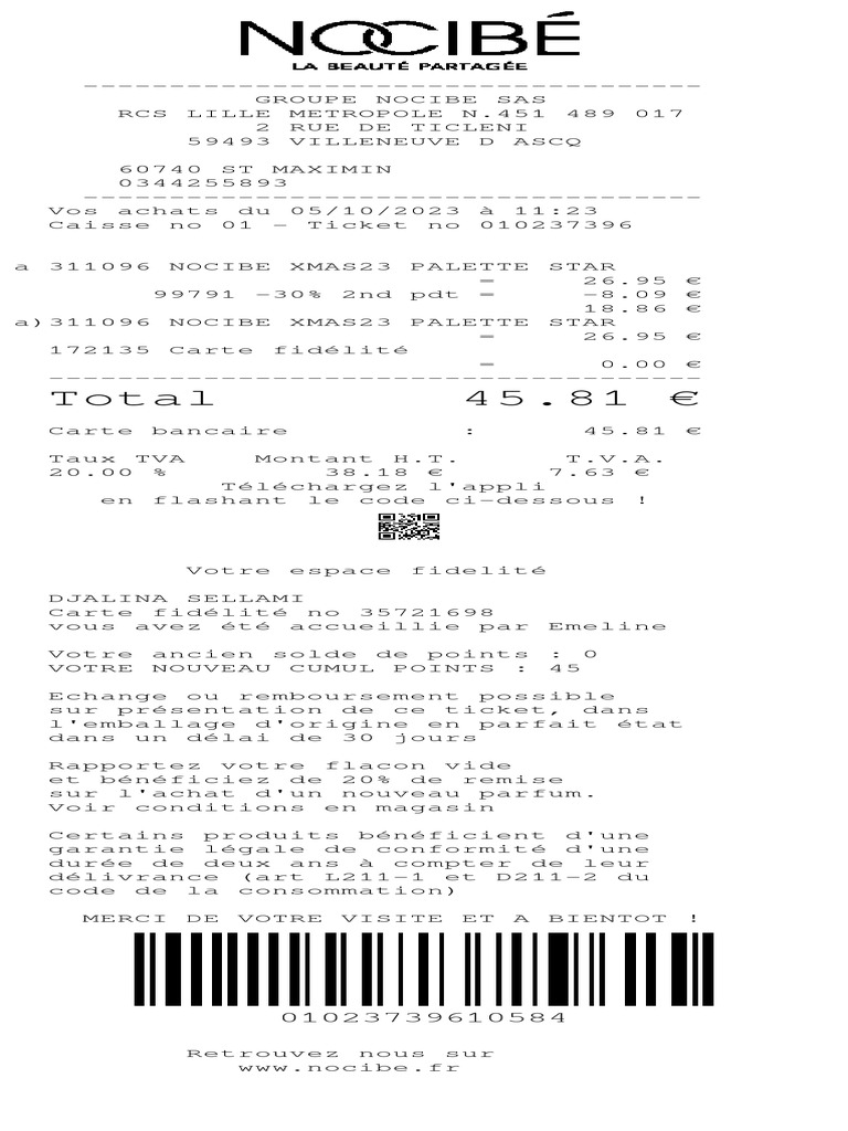 Ticket d'achat Nocibé - 05/10/2023 | PDF