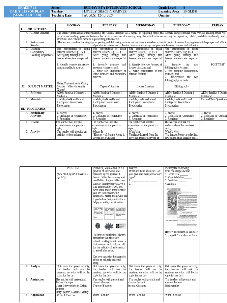 ENG 8 Q1 WK4 citing sources (carried out 4thwk - Copy | PDF | Learning | Citation