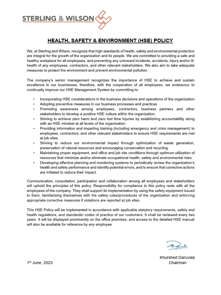Hse Policy | PDF | Occupational Safety And Health | Safety