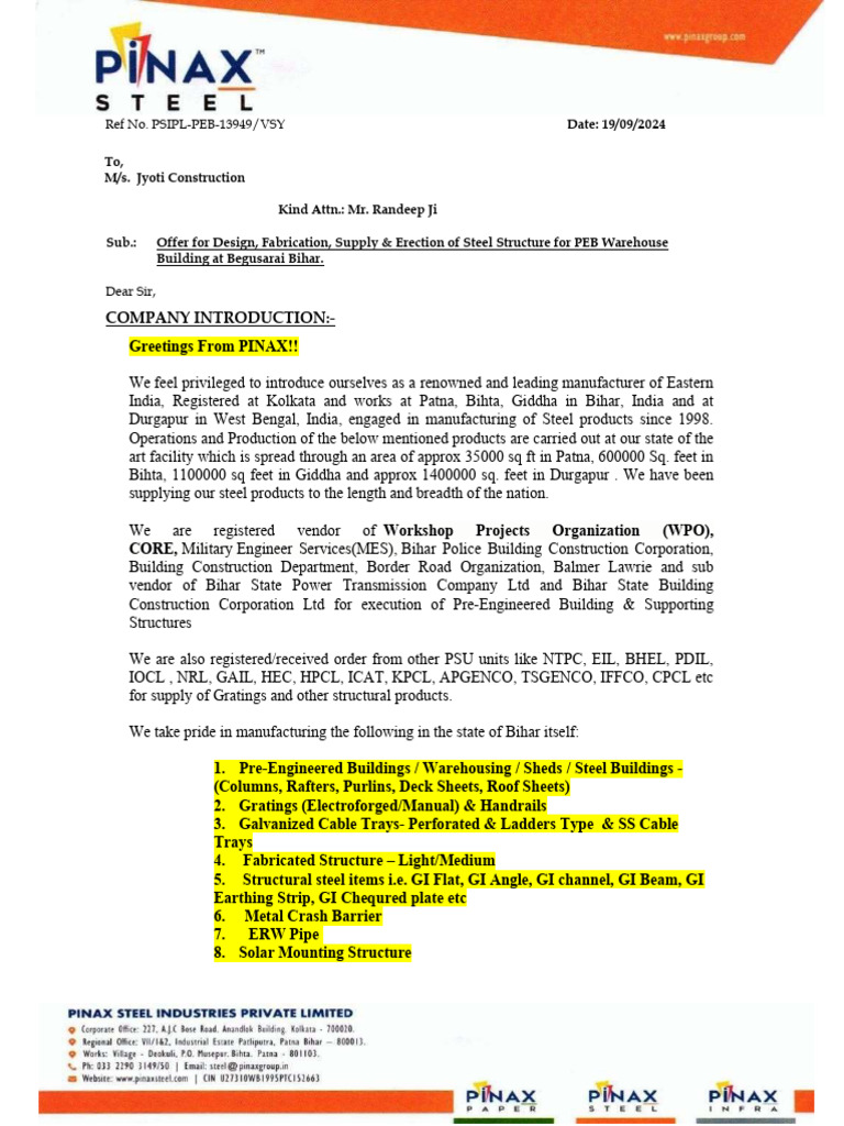 PSIPL-Techno-Commercial Offer. | PDF | Screw | Framing (Construction)