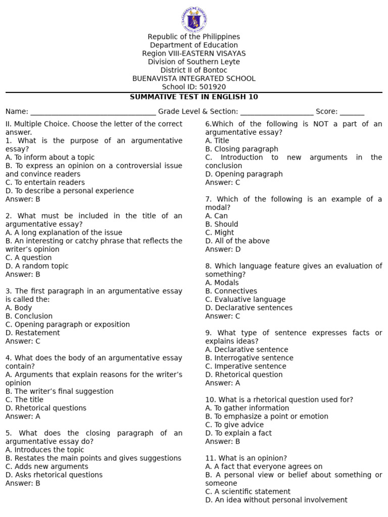 English 10 Argumentative Essay Test | PDF | Essays | Opinion
