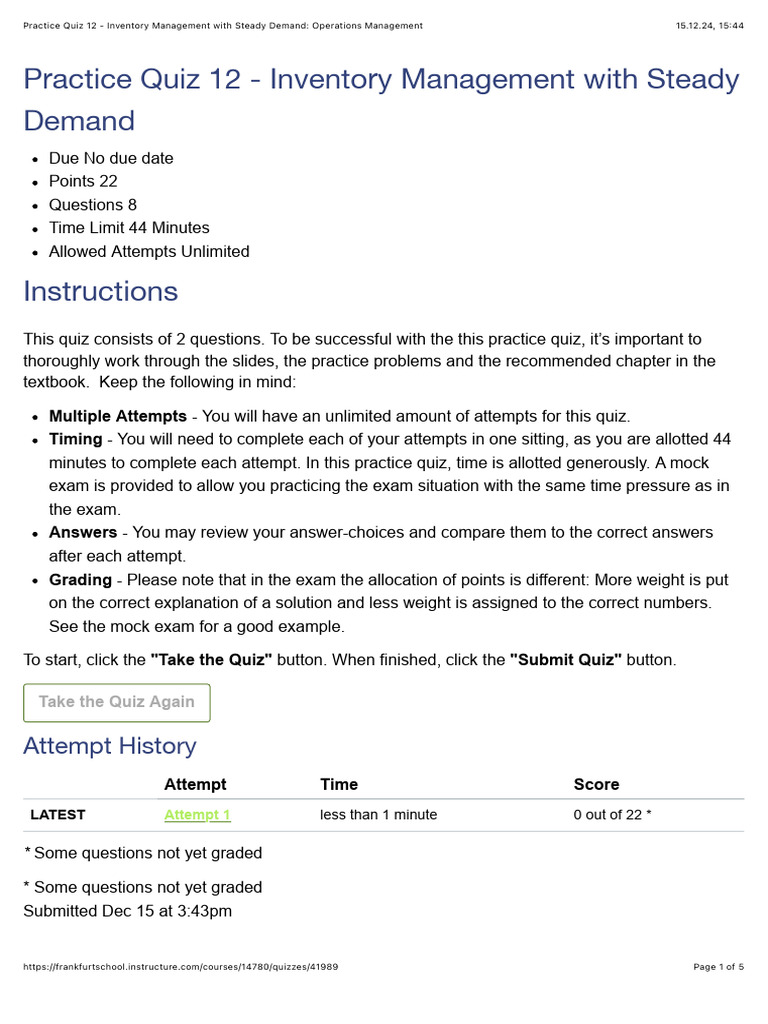 Practice Quiz 12 - Inventory Management With Steady Demand Operations ...