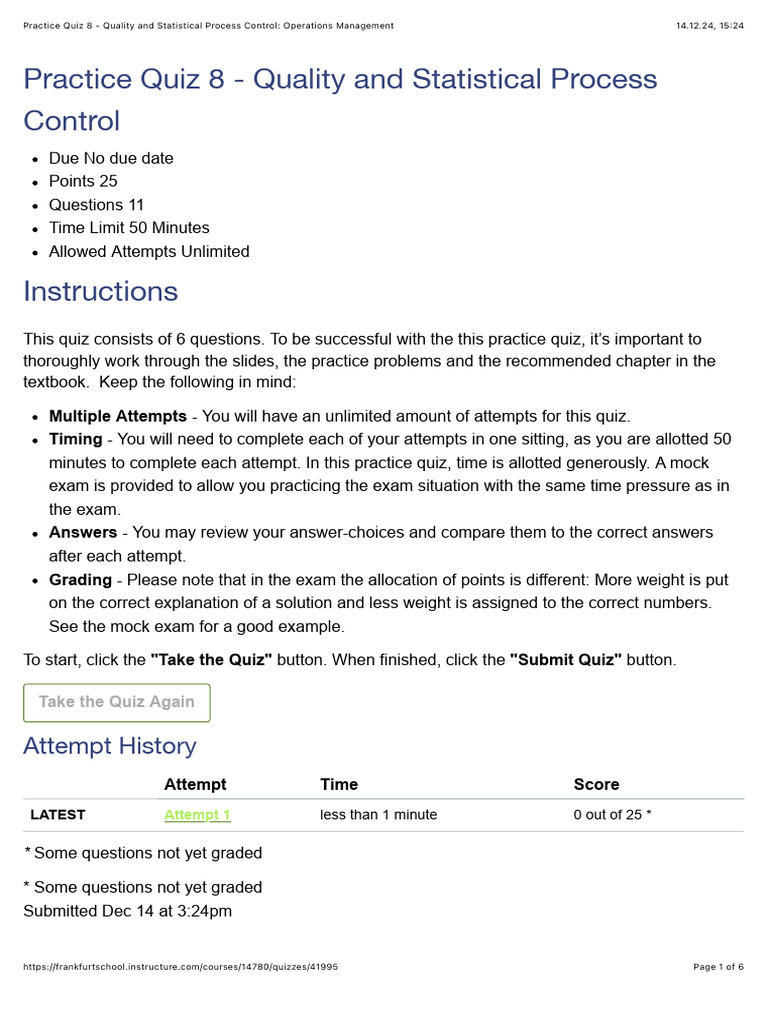 Practice Quiz 8 - Quality and Statistical Process Control Operations Management | PDF | Standard ...