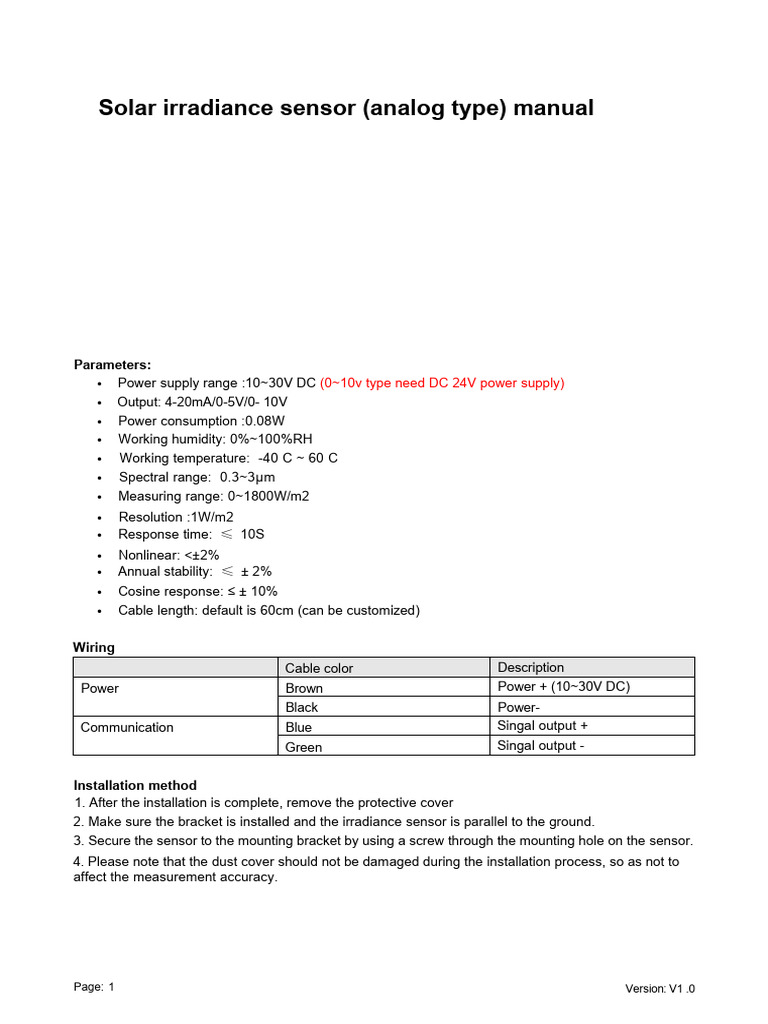 Solar Irradiance Sensor Manual | PDF