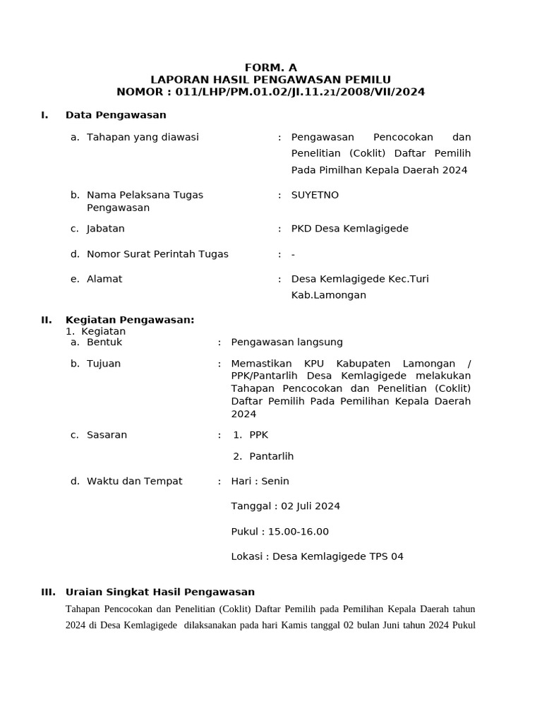 Form A Uji Petik Coklit Kemlagigede 02-07 | PDF
