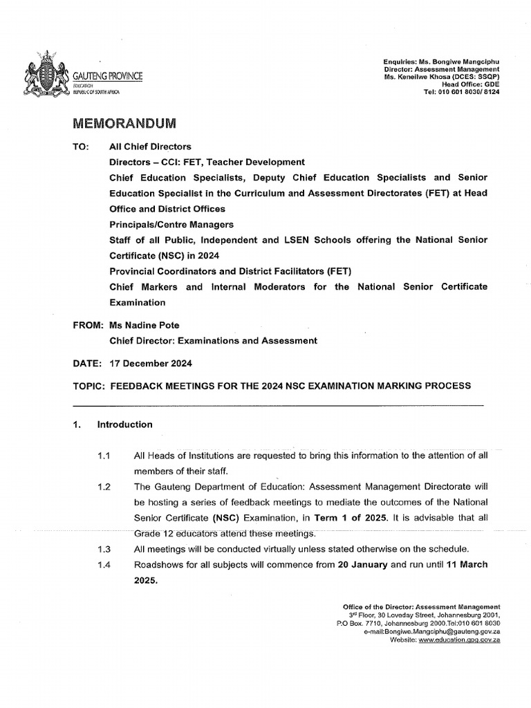 Memo For Feedback Meetings For 2024 NSC Exam Marking Process | PDF