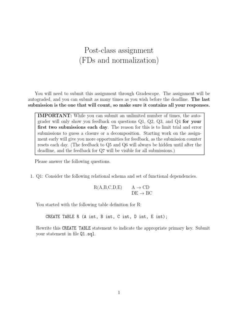 Post-Class Assignment FDs and Normalization | PDF | Computer Data | Software Design