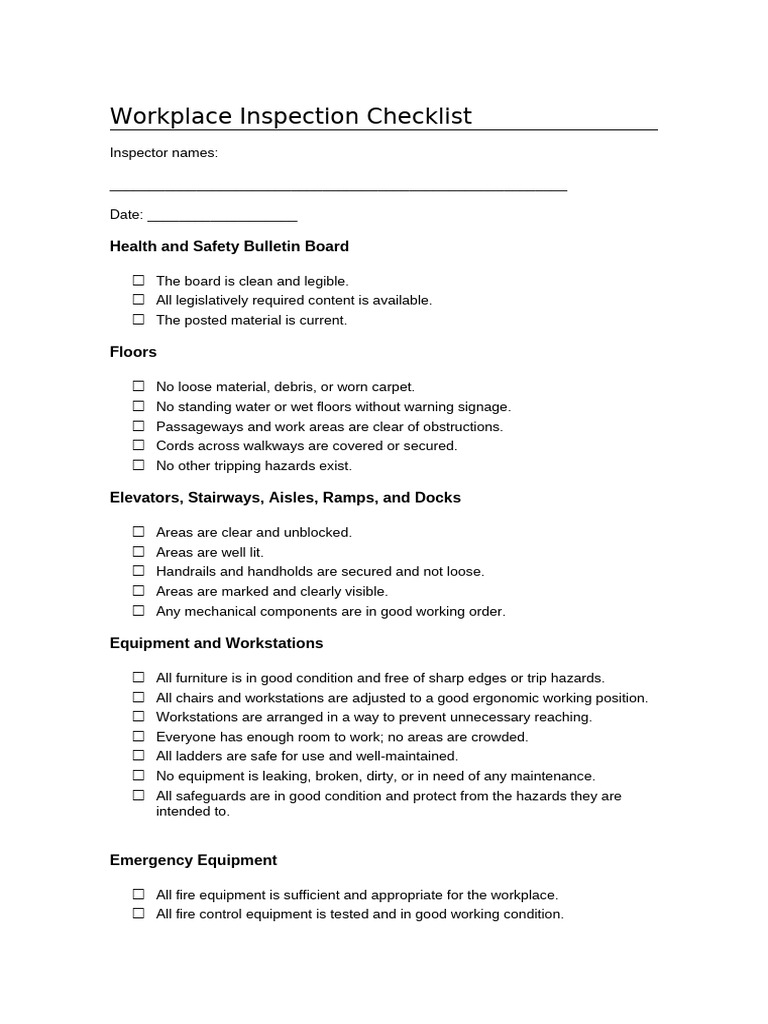 Workplace Inspection Checklist | PDF | Personal Protective Equipment ...