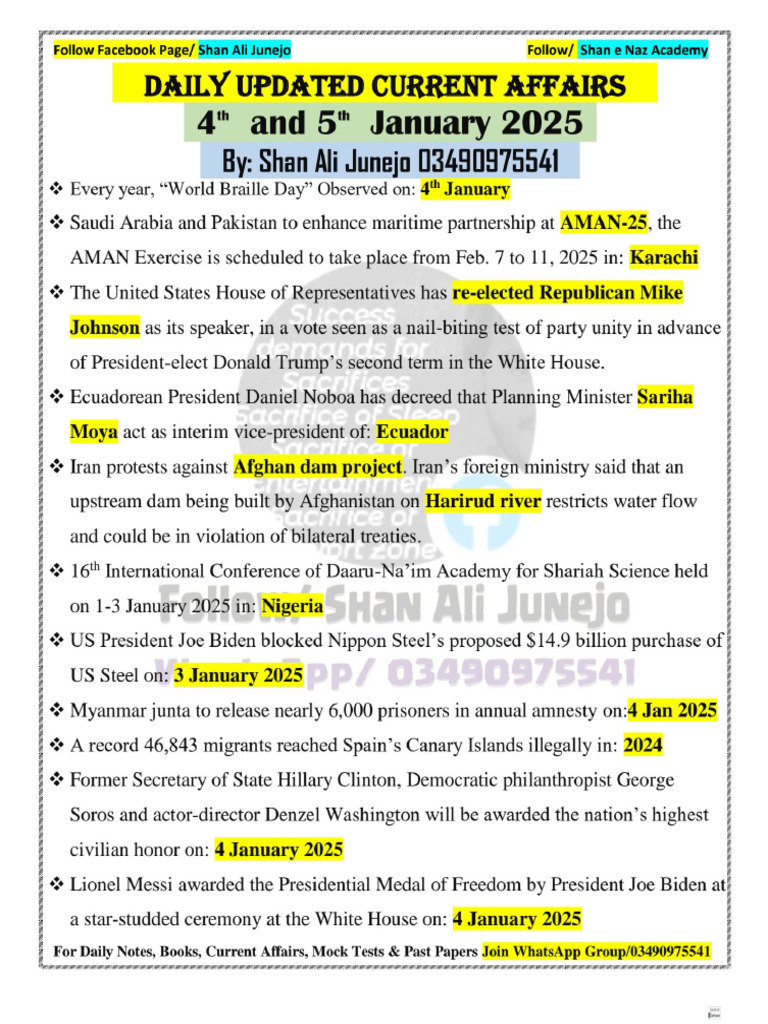 Daily Updated Current Affairs 4 & 5 January 2025 by Shan Ali Junejo | PDF