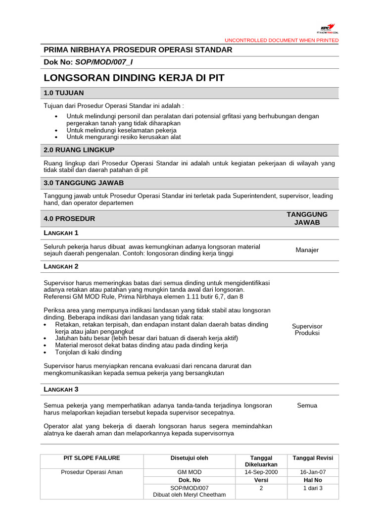 SOP-MOD-007ind-Longsoran Dinding Tambang | PDF