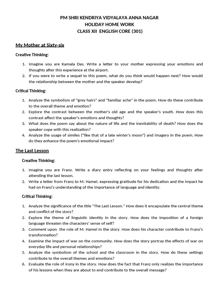 Holiday HW - Xii - Eng 2024-25 | PDF