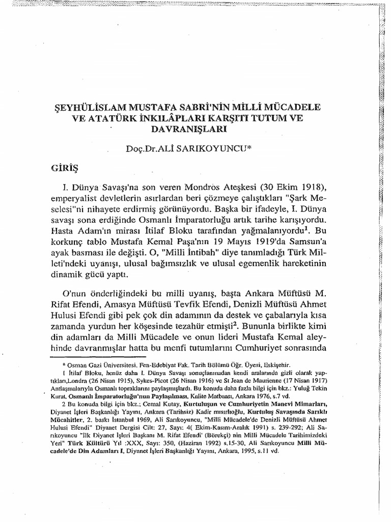 Eyh Lislam Mustafa Sabri'Nin Milli M Cadele Ve Atat RK NK L Plar Kar T Tutum Ve Davran Lar ...