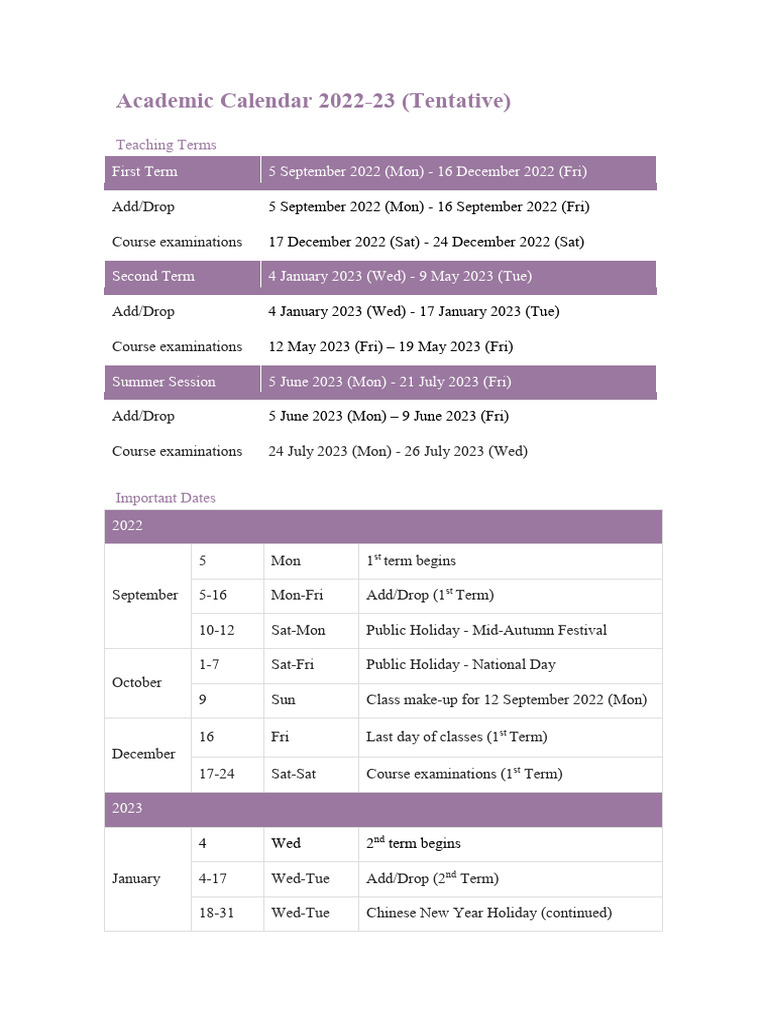 2022-23 Academic Calendar Overview | PDF