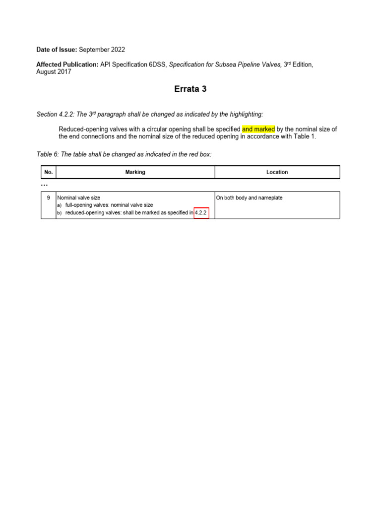 API 6DSS Subsea Valves Errata 3 | PDF