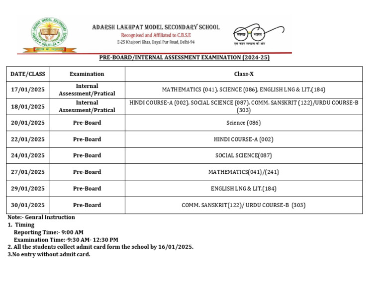 DATE SHEET 2024 25 X Class | PDF