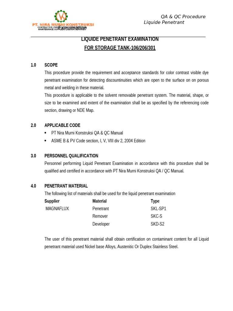 SOP (QA-QC ) LIQUID PENETRAN EXAM | PDF | Industrial Processes | Applied And Interdisciplinary ...