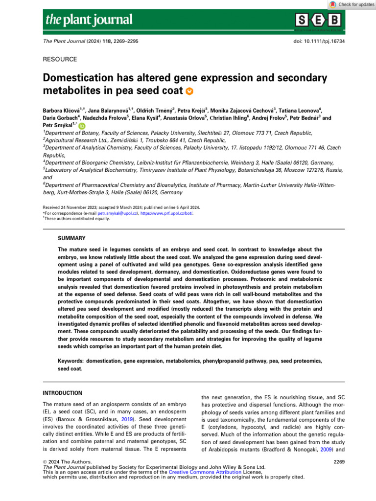 The Plant Journal - 2024 - Klčová - Domestication has altered gene ...