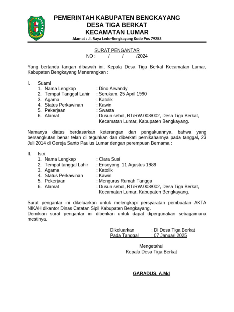 Surat Pengantar Akta Nikah | PDF