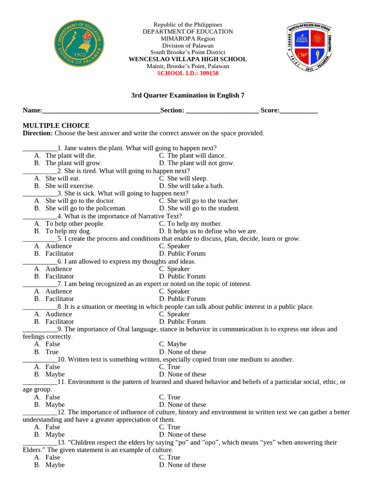 GRADE 7 - 3rd Quarter Exam Final Na Talaga | PDF | Multimedia | Narrative