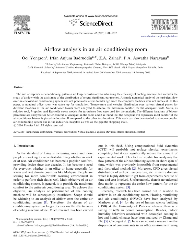 Airflow Analysis in An Air Conditioning Room | PDF | Turbulence | Viscosity