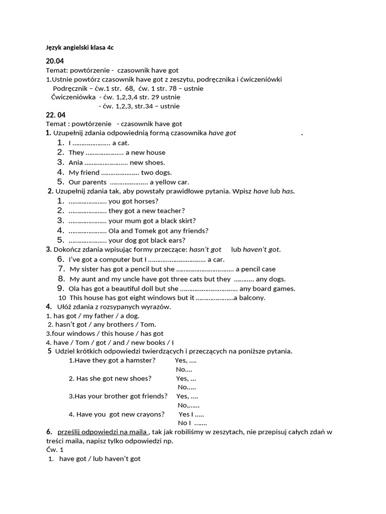 Klasa 4c Język Angielski HAVE GOT/ HAS GOT | PDF
