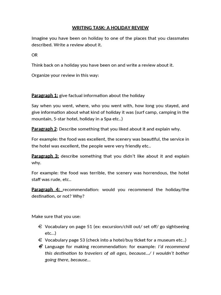 WRITING TASK-write A Holiday Review | PDF