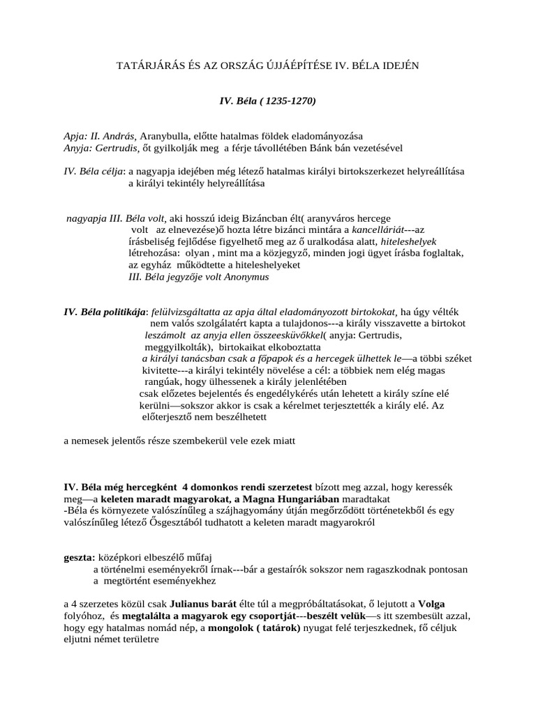 Tatárjárás És Az Ország Újjáépítése Iv | PDF