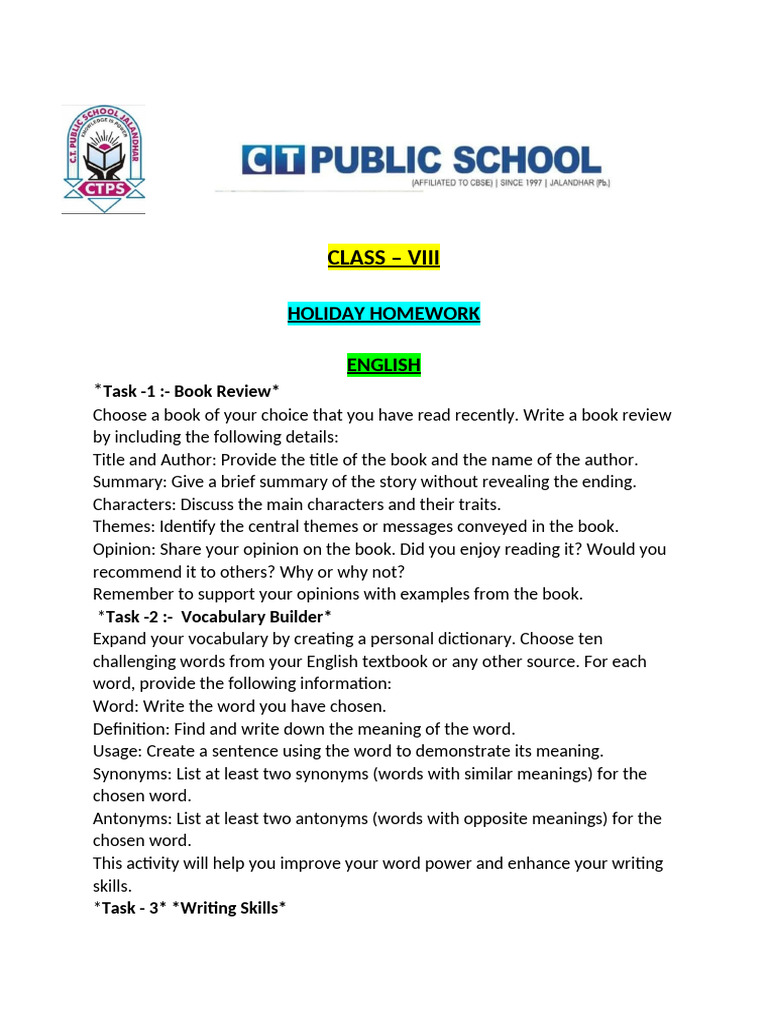 Holiday Homework Class - 8 | PDF | English Language