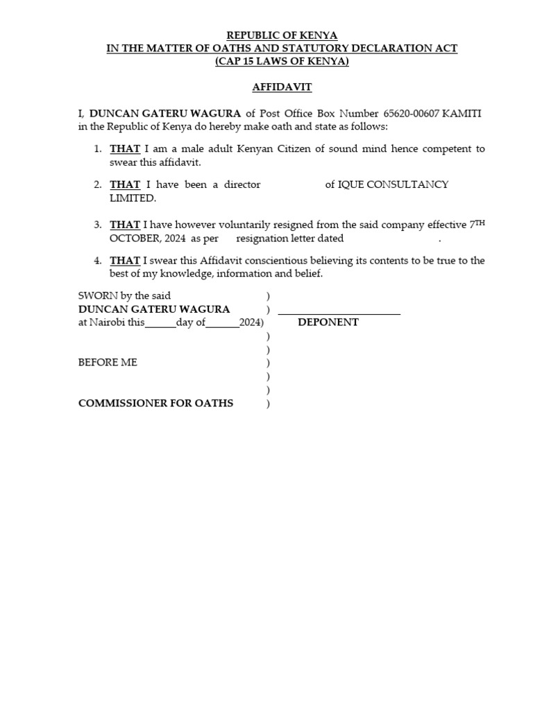 Affidavit of Resignation - Ique LTD | PDF