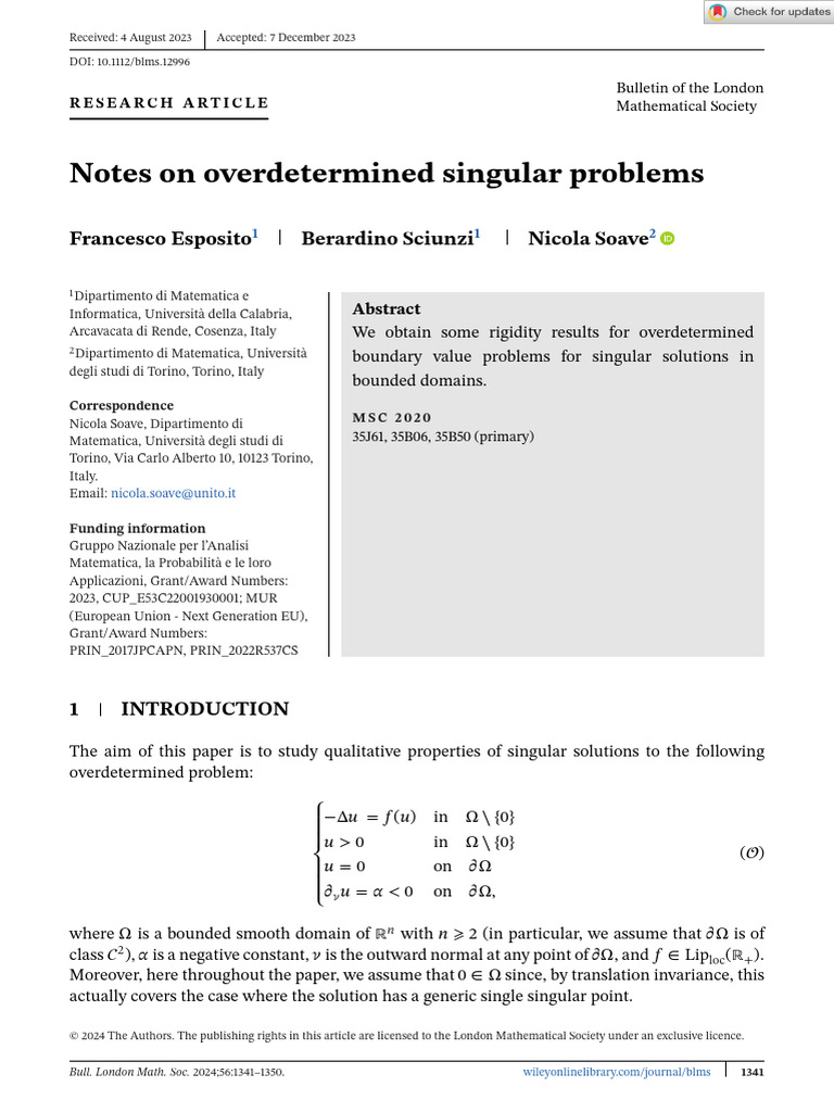 Bulletin of London Math Soc - 2024 - Esposito - Notes On Overdetermined ...