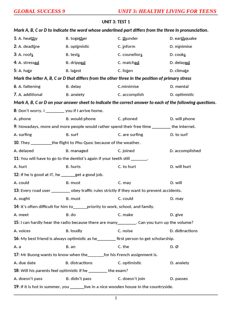 Bài Tập Bổ Trợ Global Success 9 UNIT 3 (PRACTICE TEST) | PDF | Adolescence