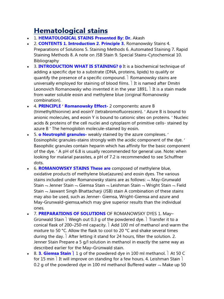 Comprehensive Guide to Hematological Stains | PDF | Staining | Cell Biology
