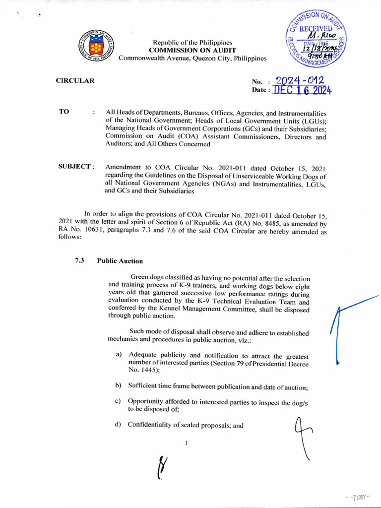 COA CIRCULAR NO. 2024 012 December 16 2024 | PDF