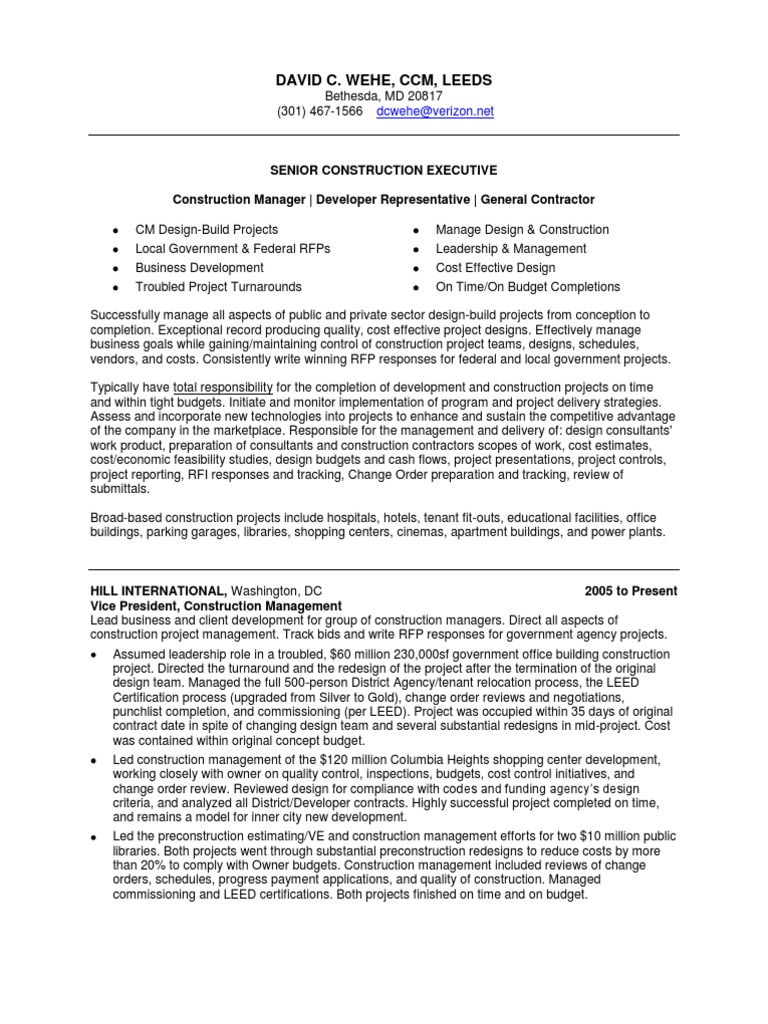VP Construction Manager Business Development in Washington DC Resume ...