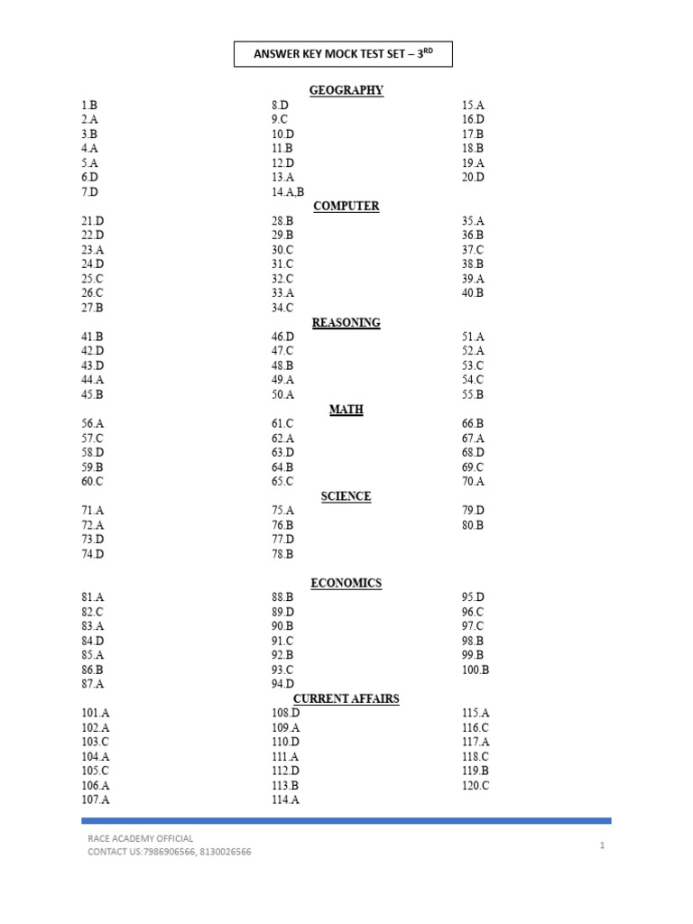 Answer Key Mock Test - 3rd | PDF | Science