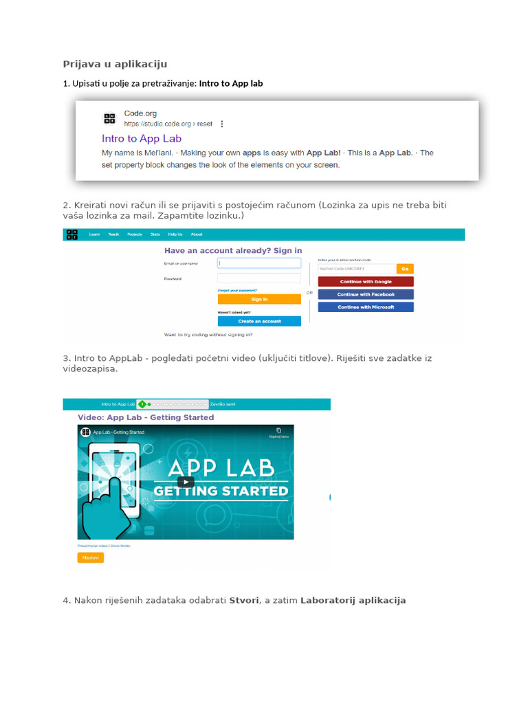 1-Prijava I Početak Rada U Intro To AppLab | PDF