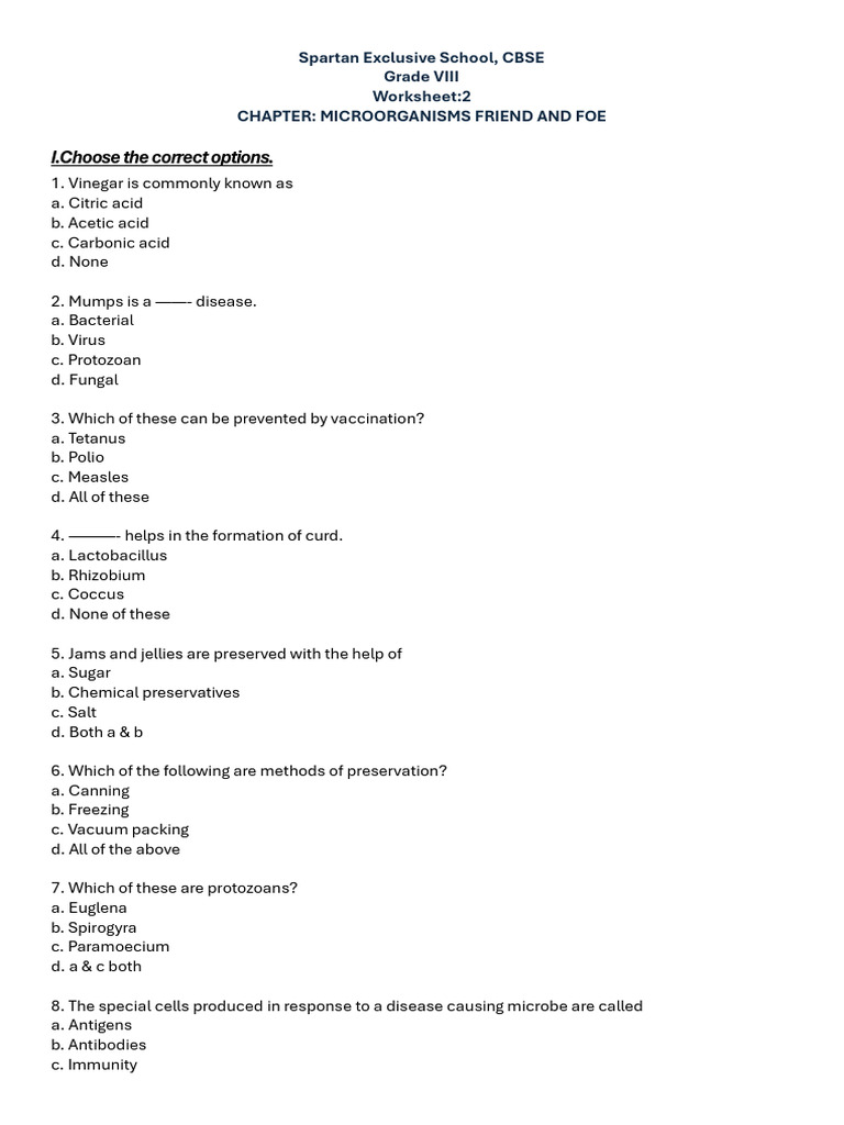 Grade 8 Microorganisms Worksheet | PDF