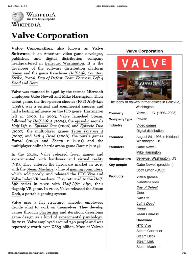 Valve Corporation - Wikipedia | PDF | Video Game Development