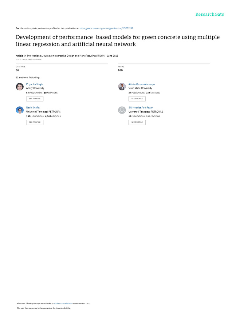 Development of Performance-Based Models For Green Concrete Using Multiple Linear Regression and ...