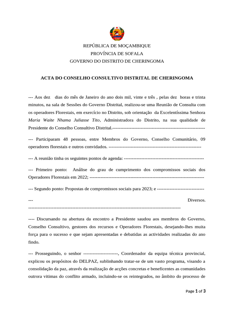 Acta Do Consellho Consultivo Disrtital de Cheringoma | PDF | Conselho ...