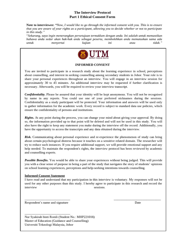 Part 1 Interview Protocol - Consent Form | PDF