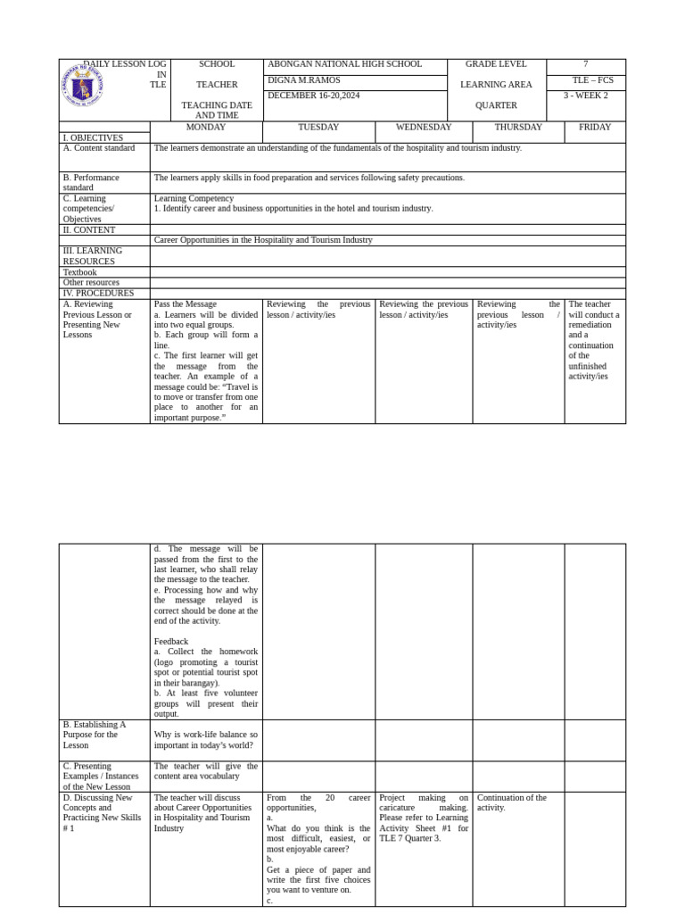 TLE 7: Hospitality & Tourism Careers | PDF | Learning | Teachers