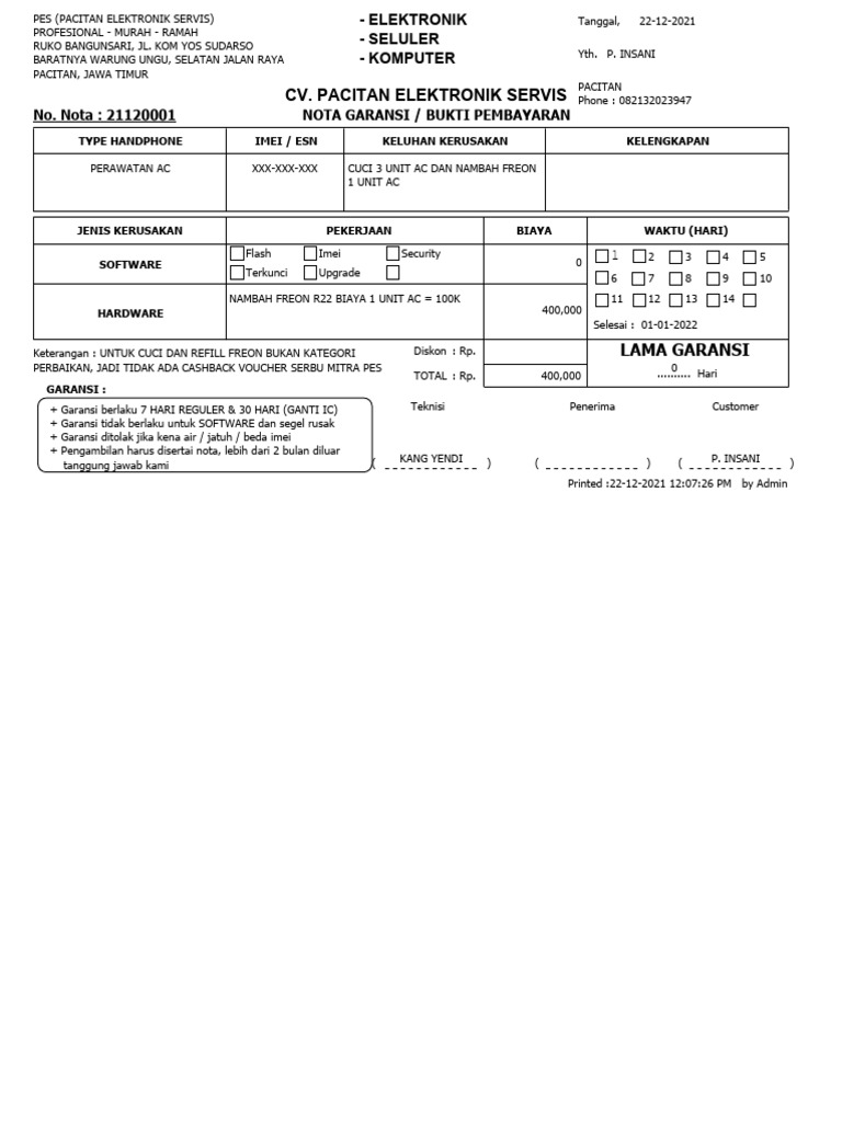 Nota Servis AC dan Garansi 2021 | PDF