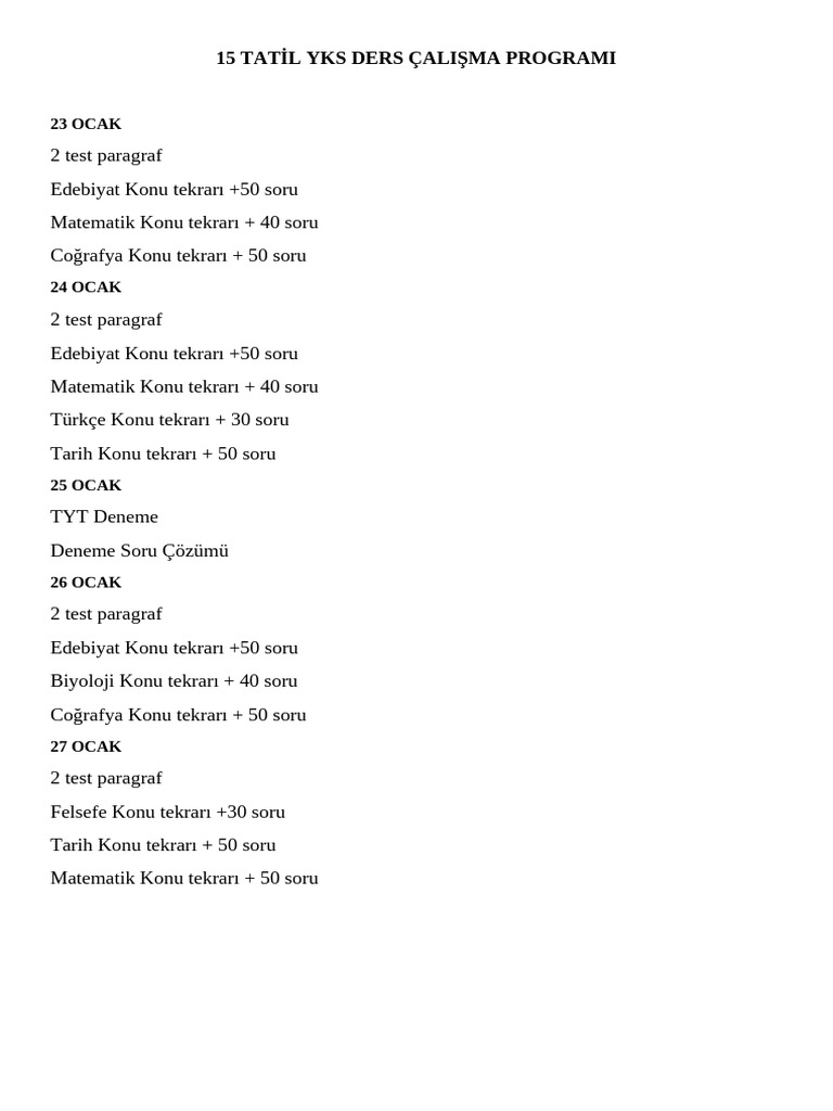 06165941 15 Tatil Yks Ders Calisma Programi | PDF