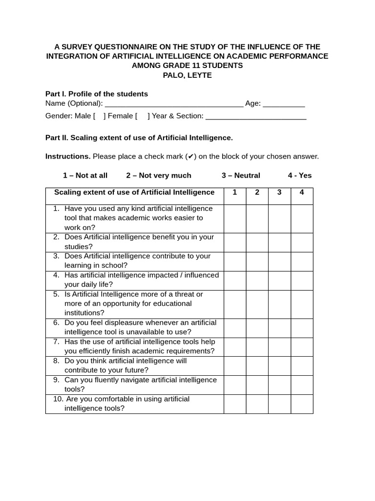 A Survey Questionnaire On The Study of The Influence of The Integration ...