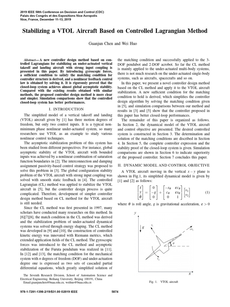 Stabilizing a VTOL Aircraft Based on Controlled Lagrangian Method | PDF | Control Theory ...