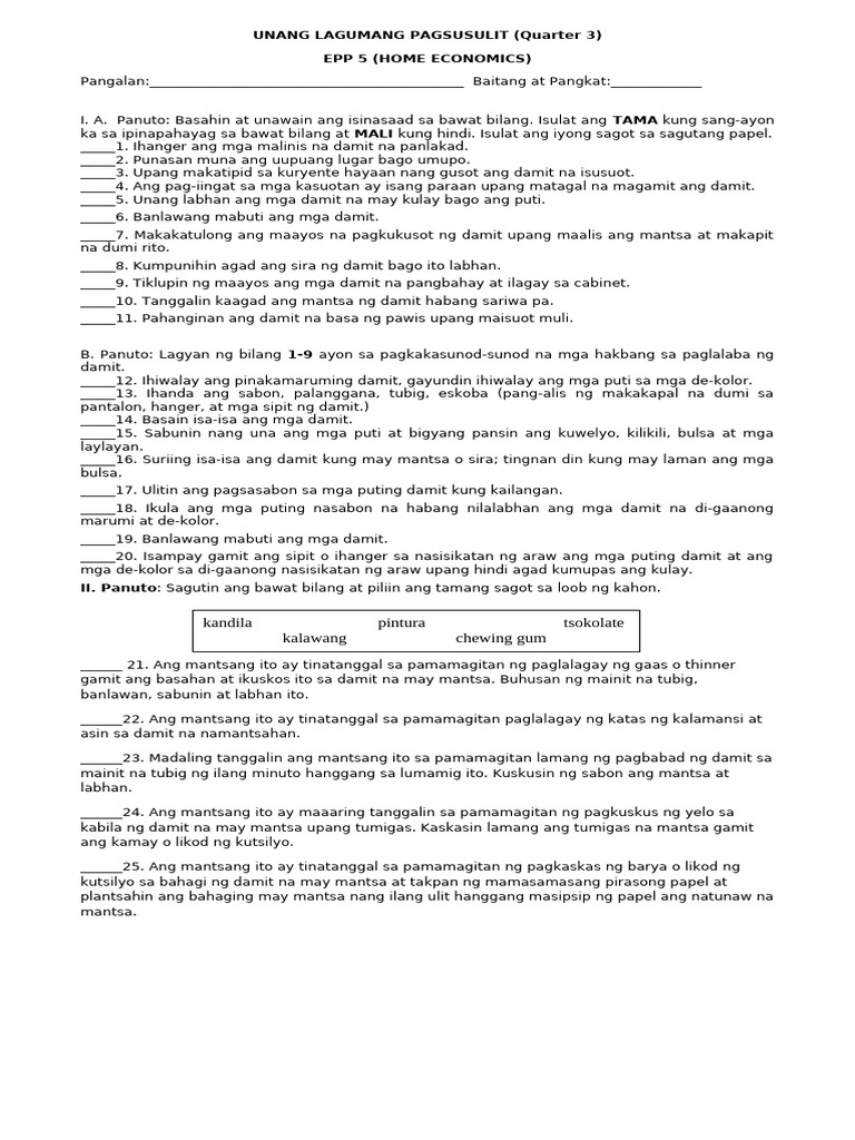 Q3 GR 5 Epp Home Economics ST 1 | PDF