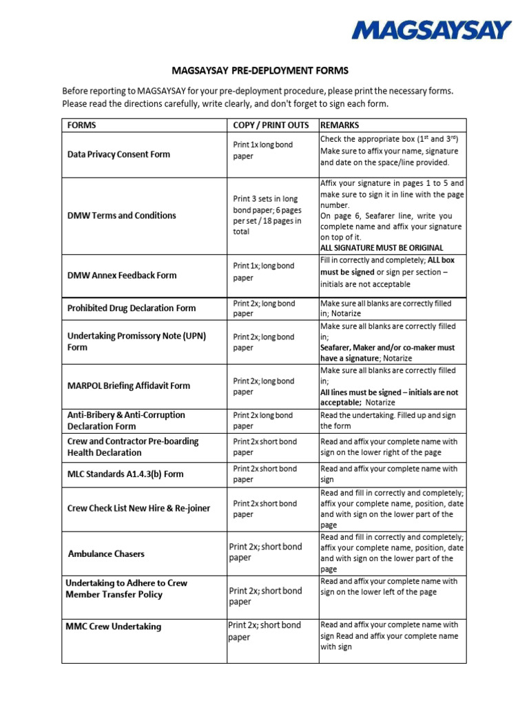Magsaysay Pre Deployment Forms RWC | PDF | Bribery