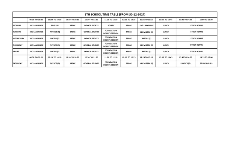 8th Grade School Timetable 2024 | PDF